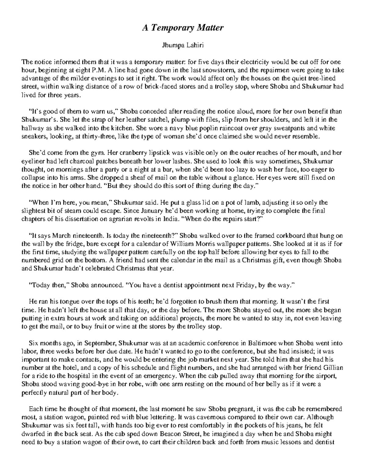 A Temporary Matter: Insights and Analysis of Lahiri's Story - Studocu