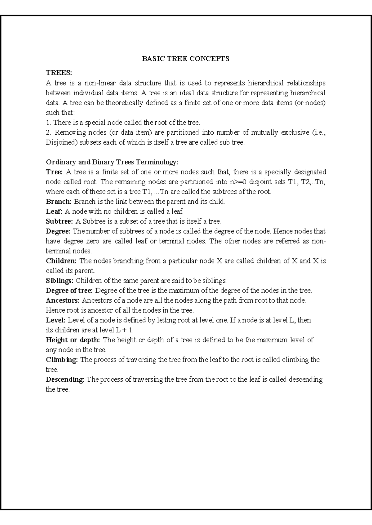 Unit 4 - Lecture Notes on Basic Tree Concepts and Binary Trees - Studocu