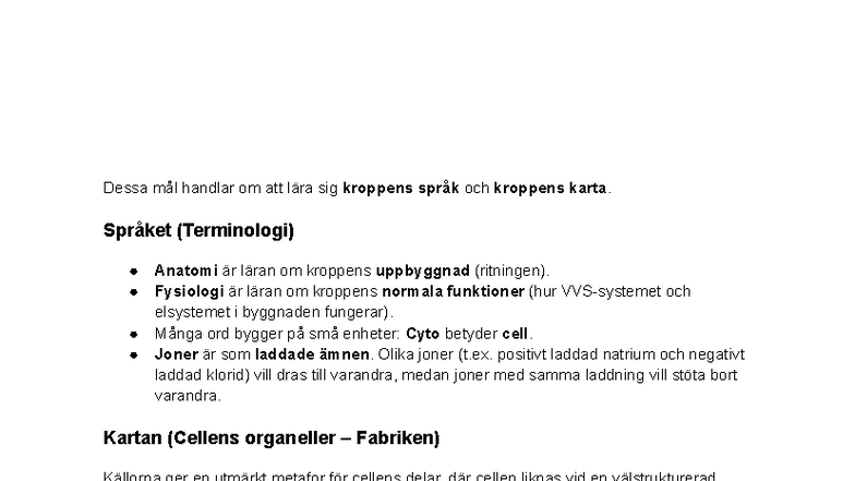 Kursmål och Terminologi inom Anatomi och Fysiologi (LM 3-8) - Studocu