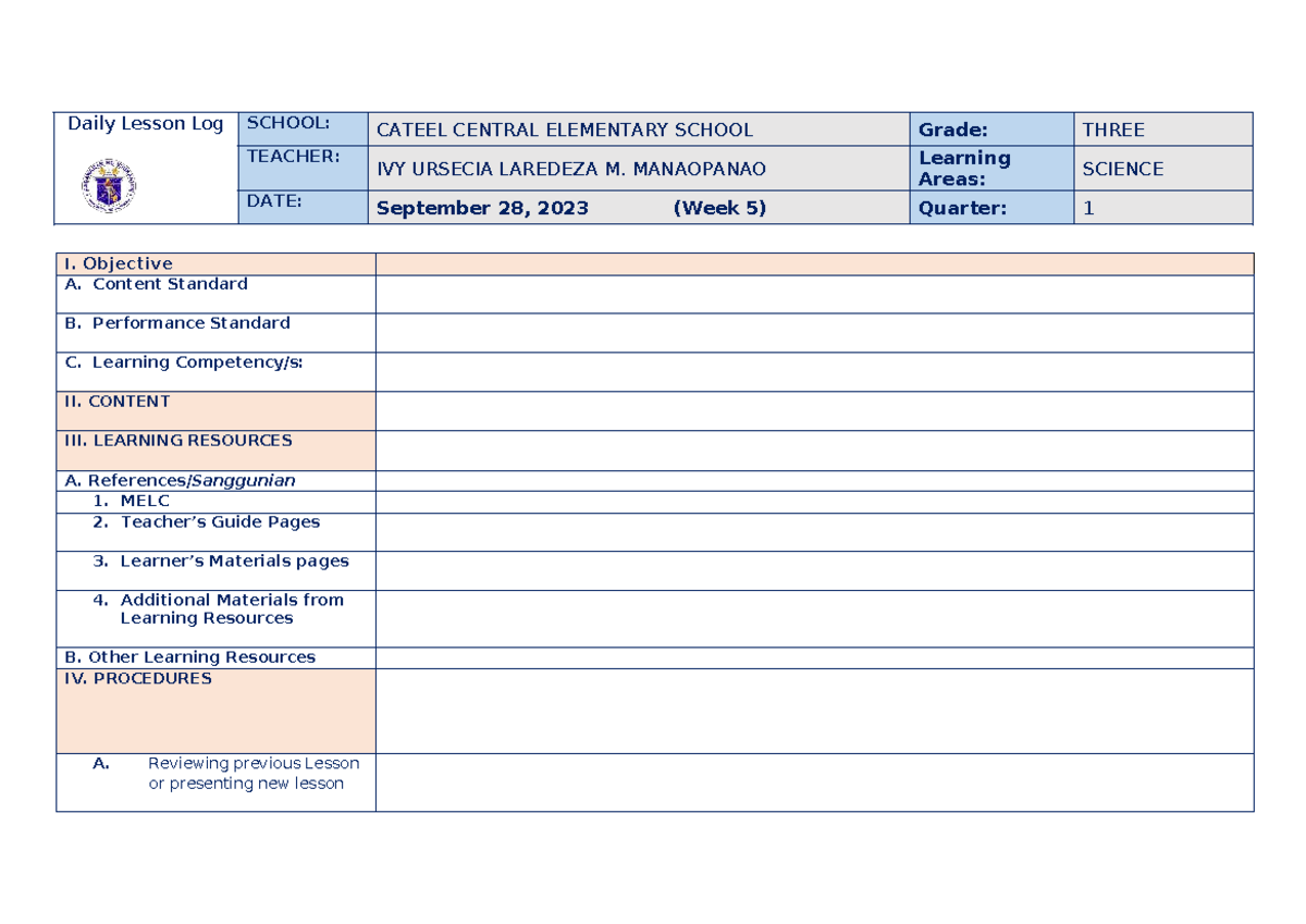 Science Lesson Plan (Grade 3) - Daily Log for Week 5 - Studocu
