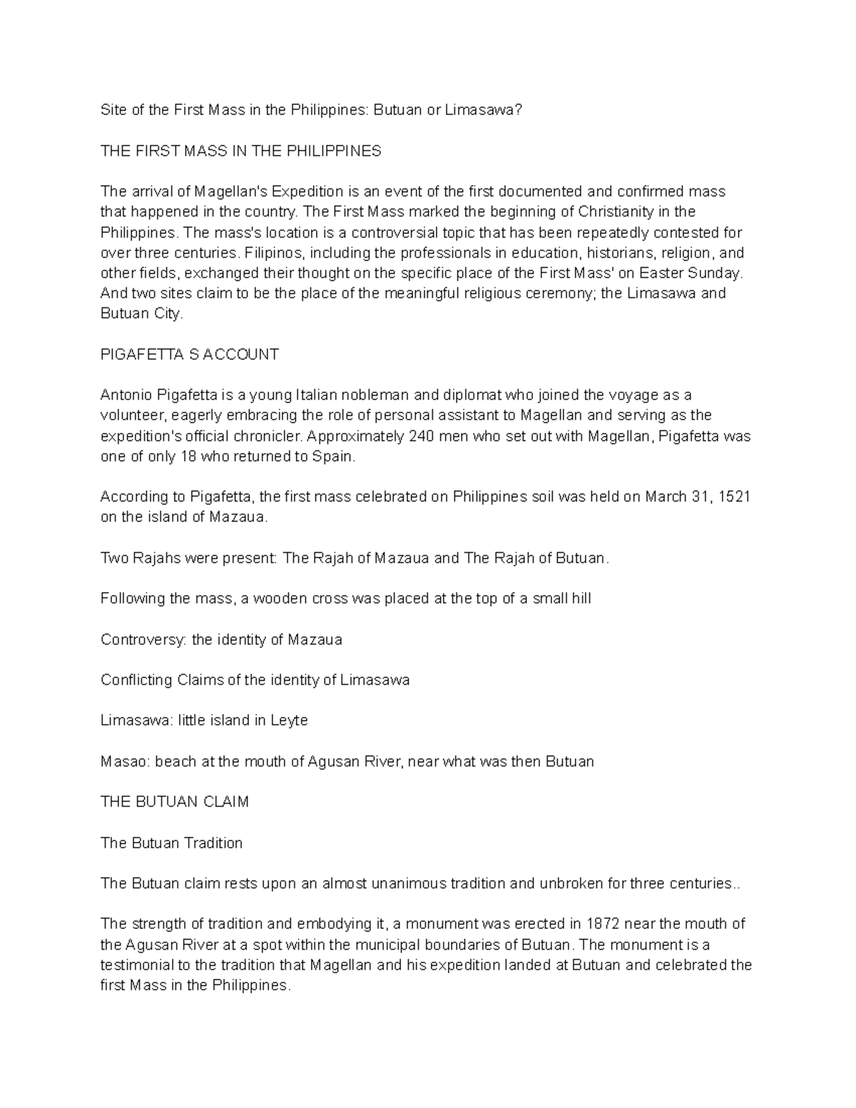 Final Exam - Site of the First Mass in the Philippines: Butuan vs ...