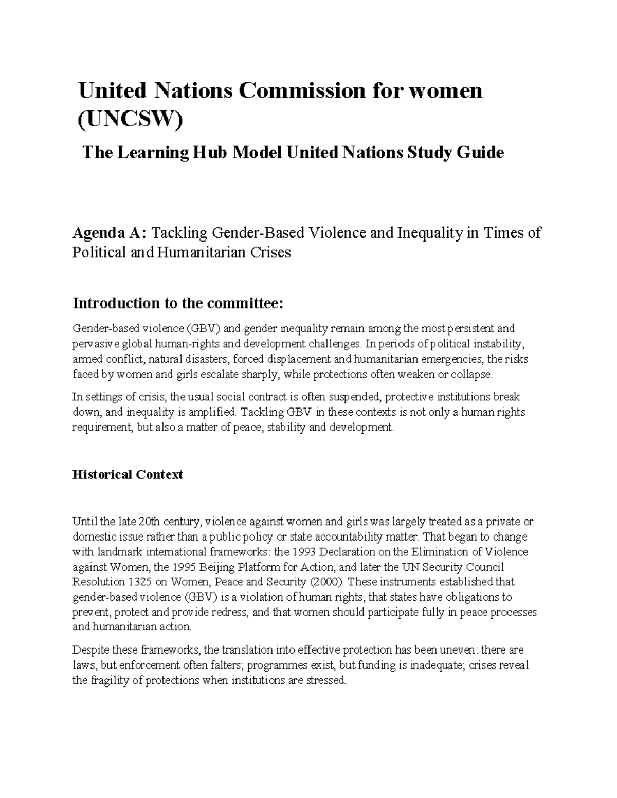 UNCSW Study Guide: Addressing GBV & Gender Inequality in Crises - Studocu
