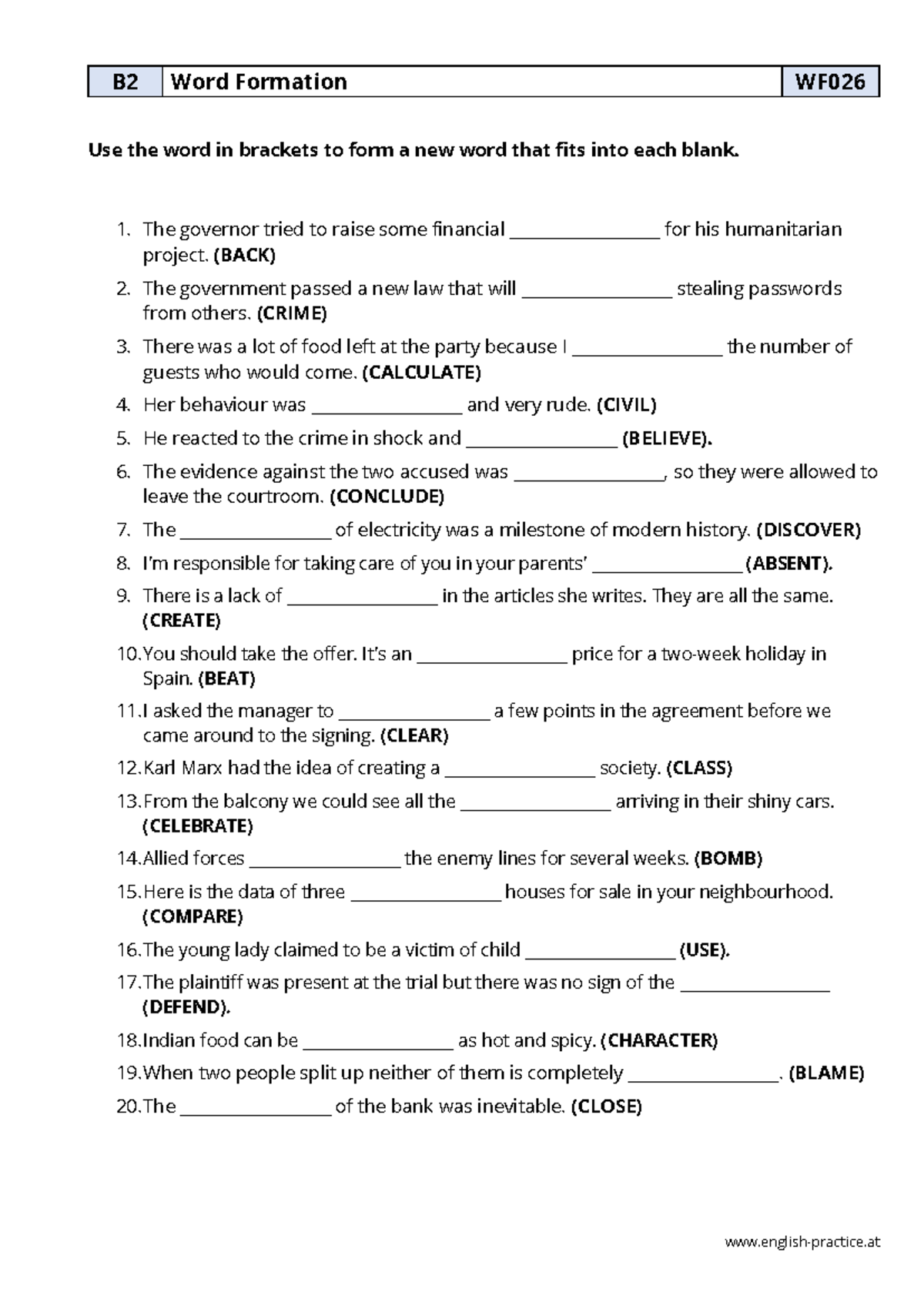 B2 Word Formation WF026: Exercises on Word Creation and Usage - Studocu