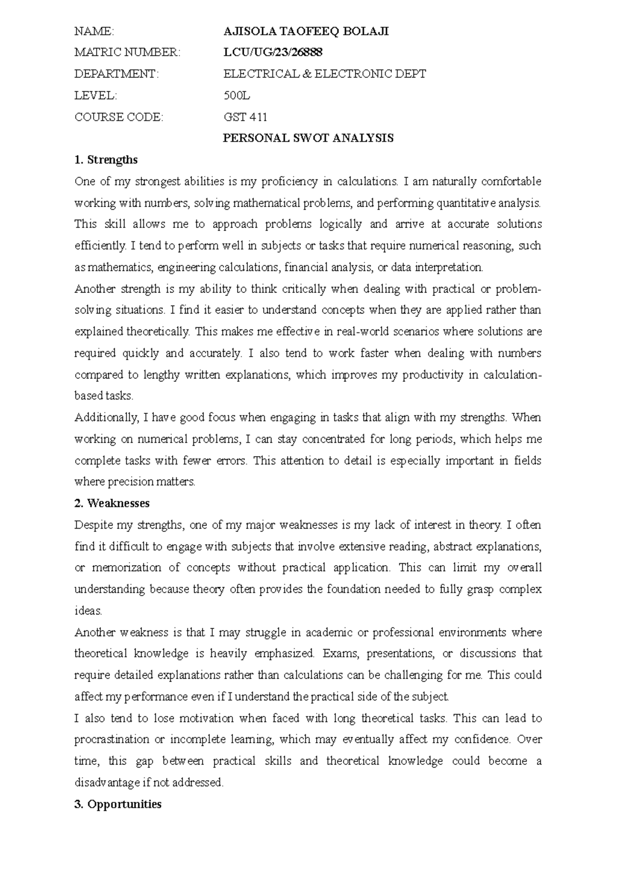 GST 411 Personal SWOT Analysis: Strengths, Weaknesses, Opportunities ...