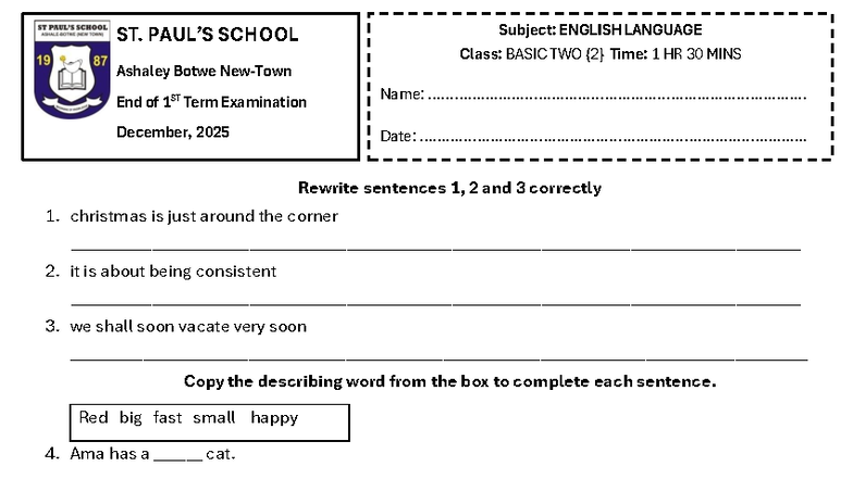 Basic 2 English Language: End of 1st Term Exam Review - Studocu