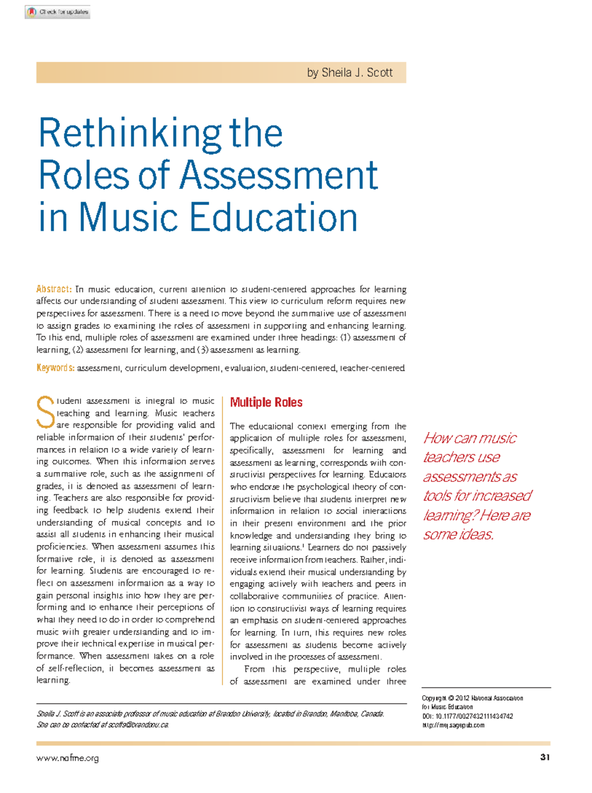 Rethinking Assessment Roles in Music Education: A Constructivist ...
