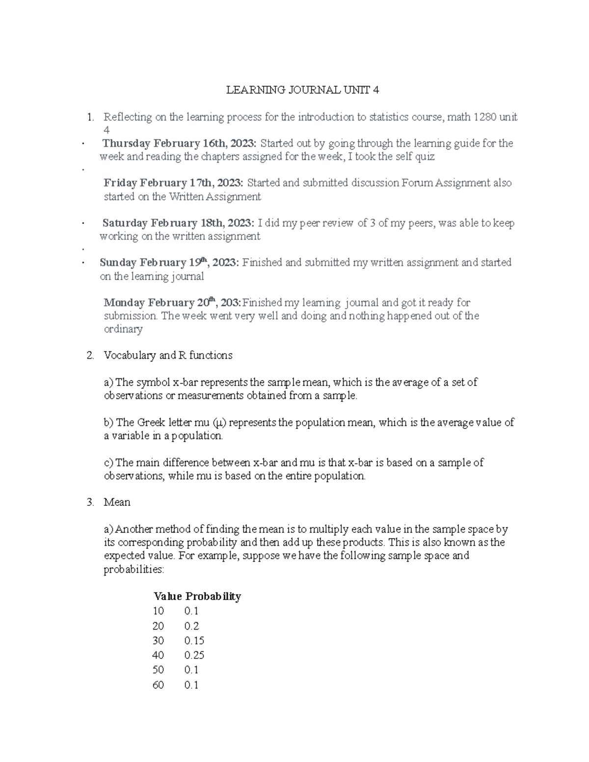 MATH 1280 Learning Journal Reflection and Key Concepts - Unit 4 - Studocu