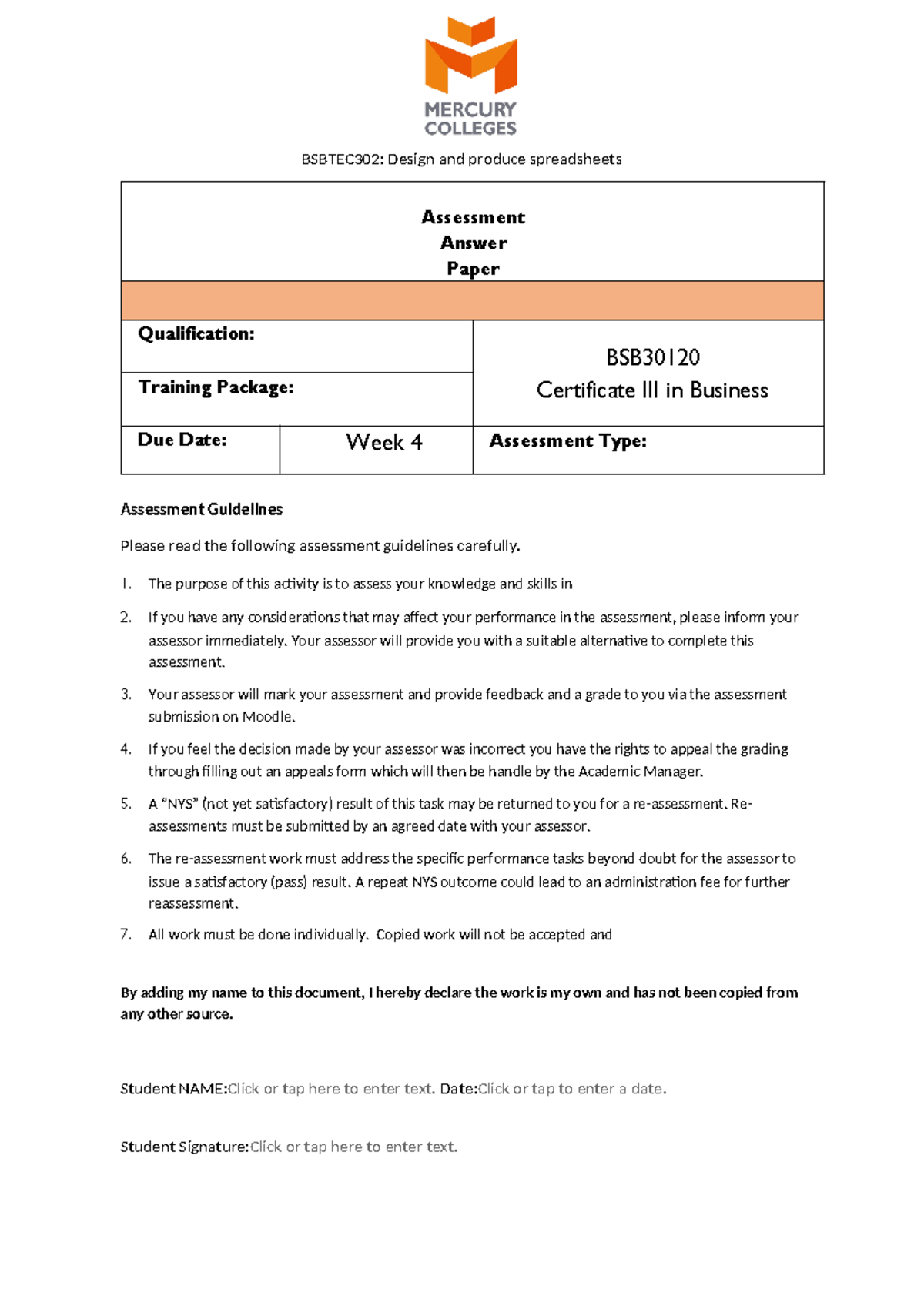 BSBTEC302 Assessment Task: Spreadsheet Design and Production Guide - Studocu