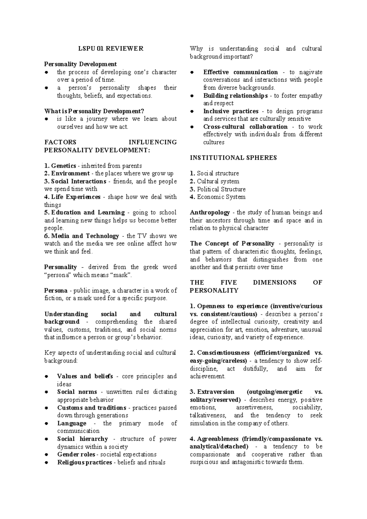LSPU 01 REVIEWER: Understanding Personality Development and Its ...