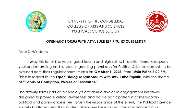 Excuse Letter for Political Science Forum with Atty. Luke Espiritu ...