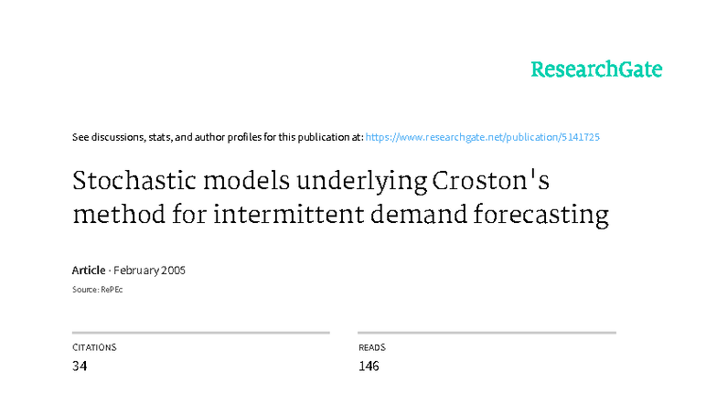 Stochastic Models for Intermittent Demand Forecasting (ECO 2005) - Studocu