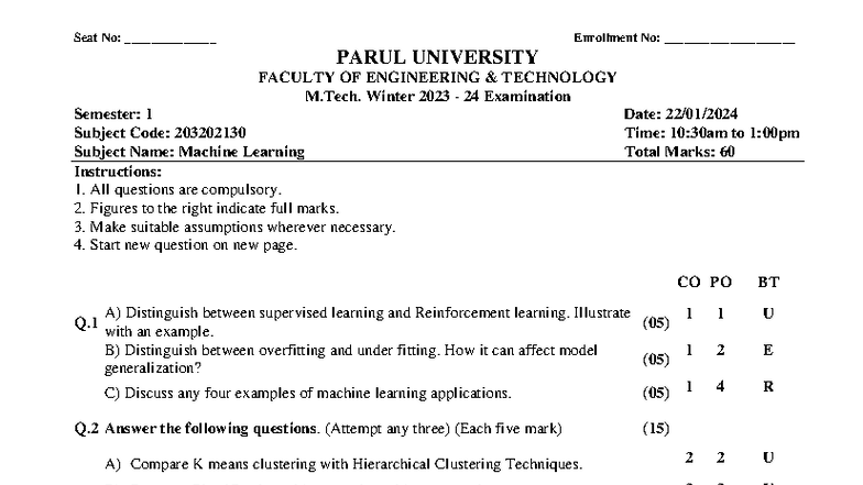 M.Tech. Winter 2023-24 Exam: Machine Learning QP (203202130) - Studocu