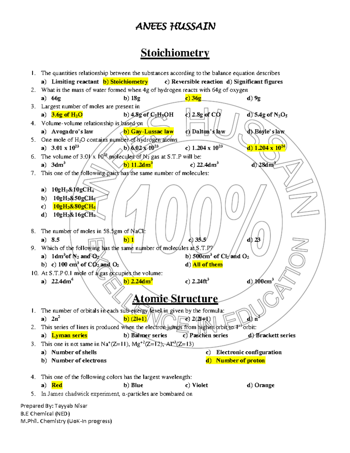 Anees Hussain Chemistry (Part - 1) - MCQs Review for B.E. Chemical (NED ...