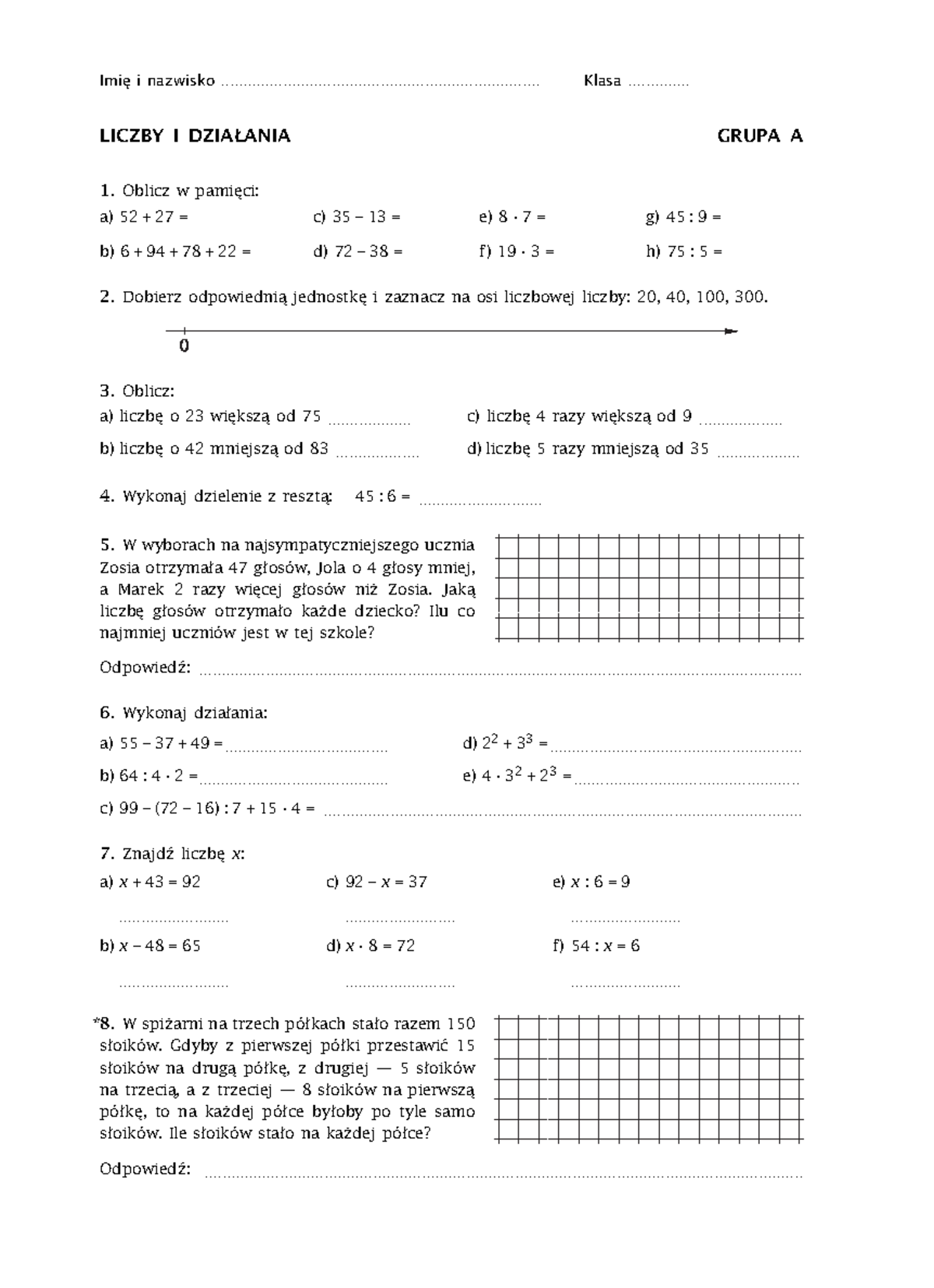 Praca klasowa z matematyki dla 4 klasy: Liczby i działania (PDF) - Studocu