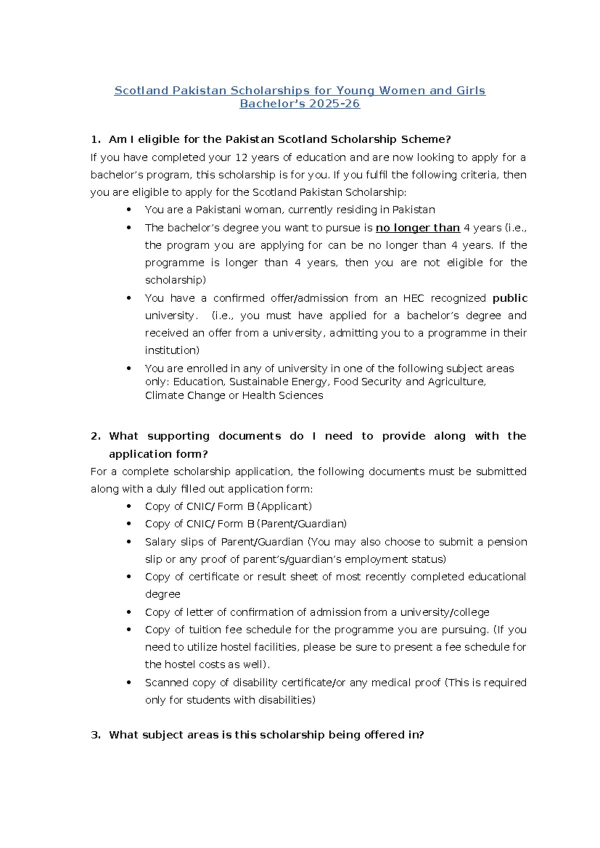 Scotland Pakistan Scholarship FAQs for Bachelors 2025-26 - Studocu