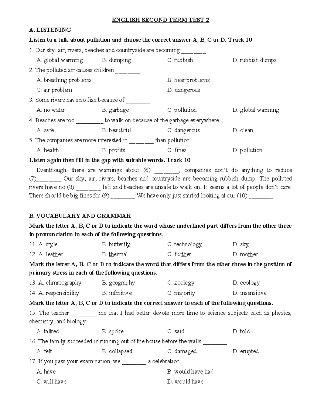 ENGLISH 2ND TERM TEST 2: LISTENING, VOCABULARY & GRAMMAR - Studocu
