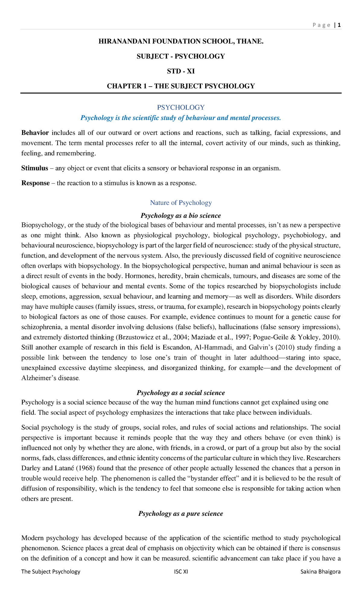 Chapter 1: The Subject of Psychology - ISC XI Notes - Studocu