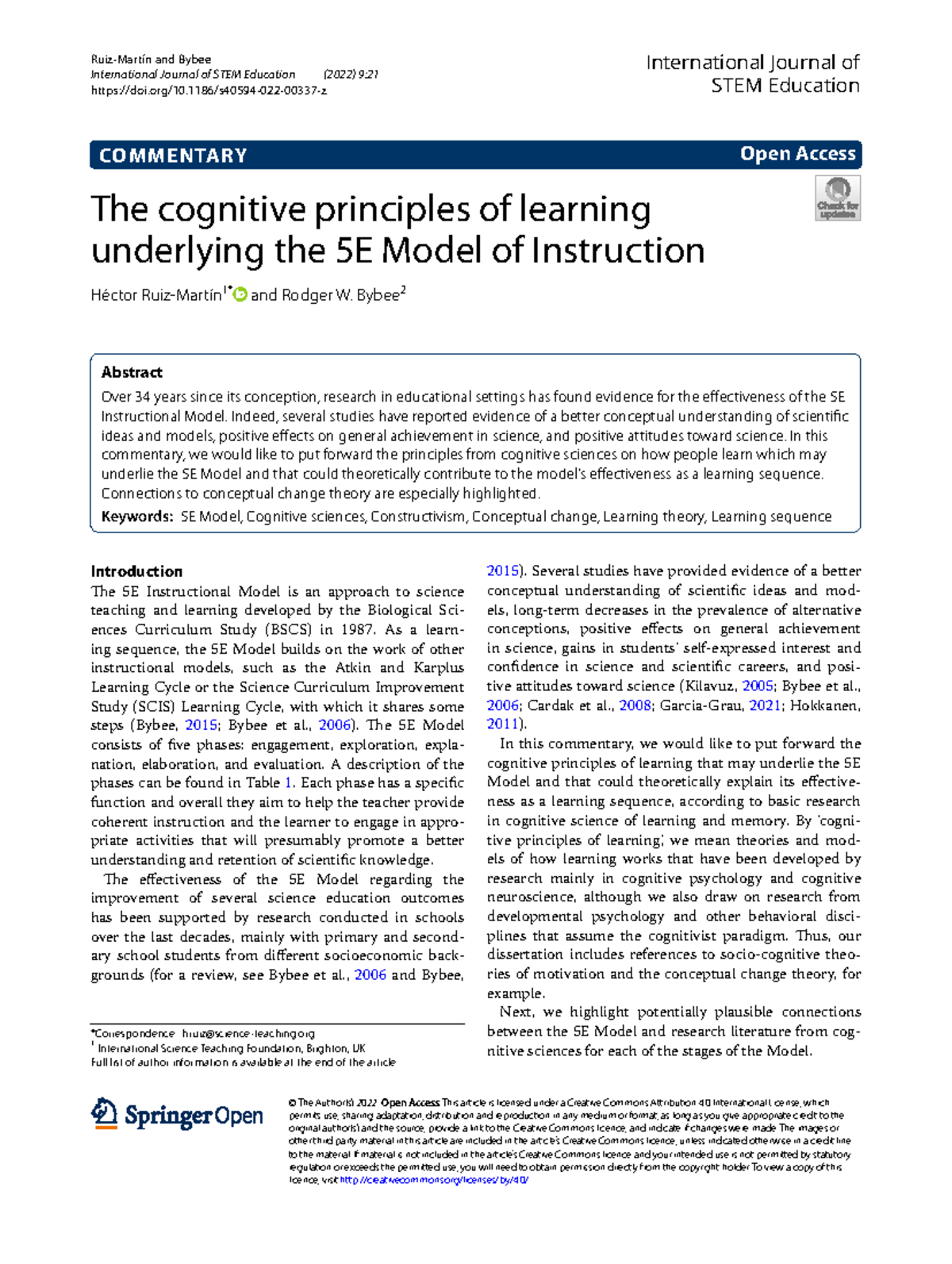 Cognitive Principles of Learning in the 5E Model of Instruction (S40594 ...