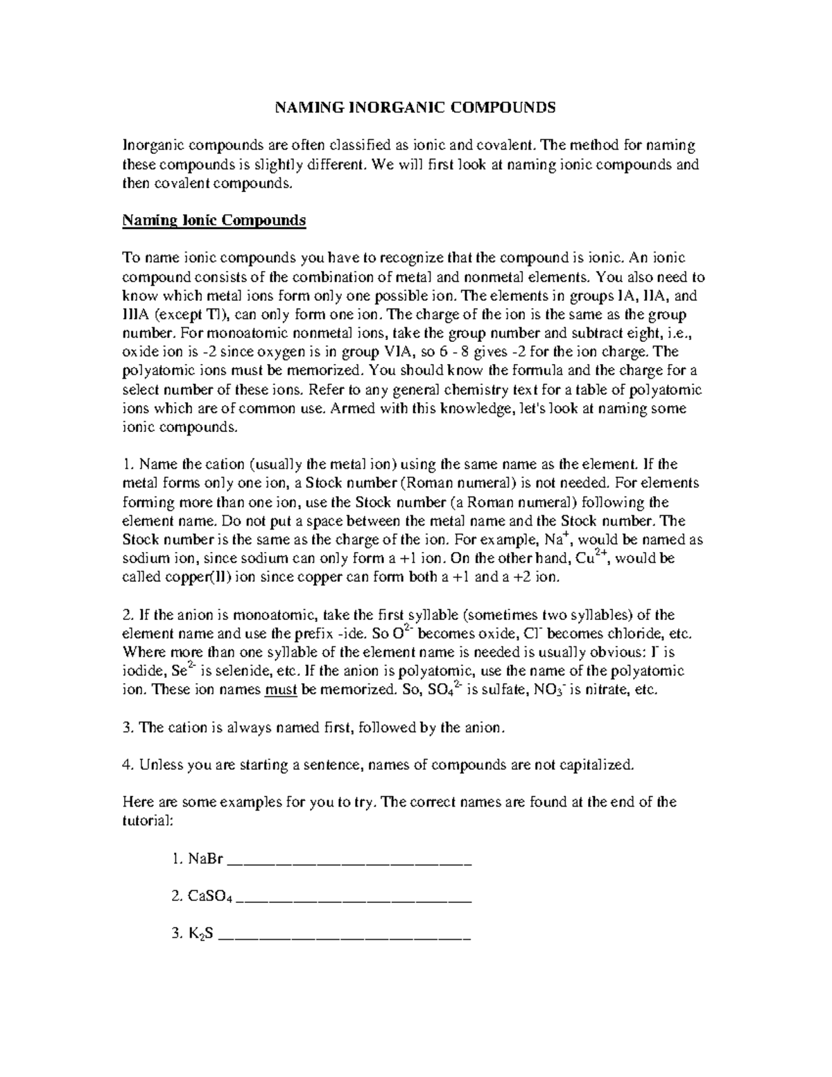 Inorganic Compounds Naming Tutorial: Ionic & Covalent Methods - Studocu