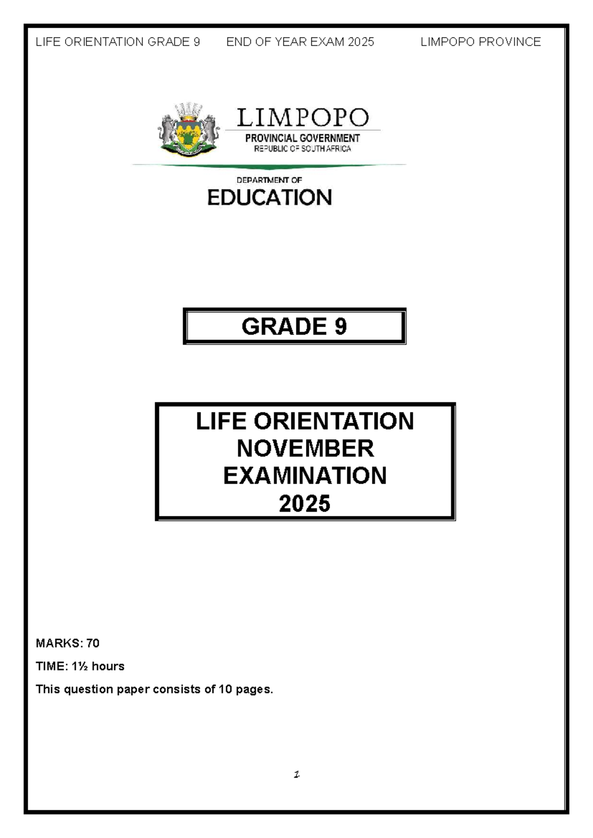 LIFE ORIENTATION GRADE 9 END OF YEAR EXAMINATION 2025 - NOVEMBER NOTES ...