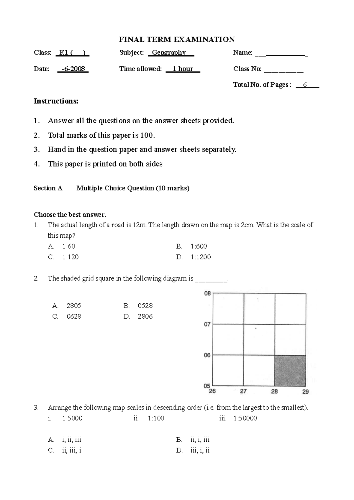 F.1 Geography Final Exam with Answers - 561290879 - Studocu