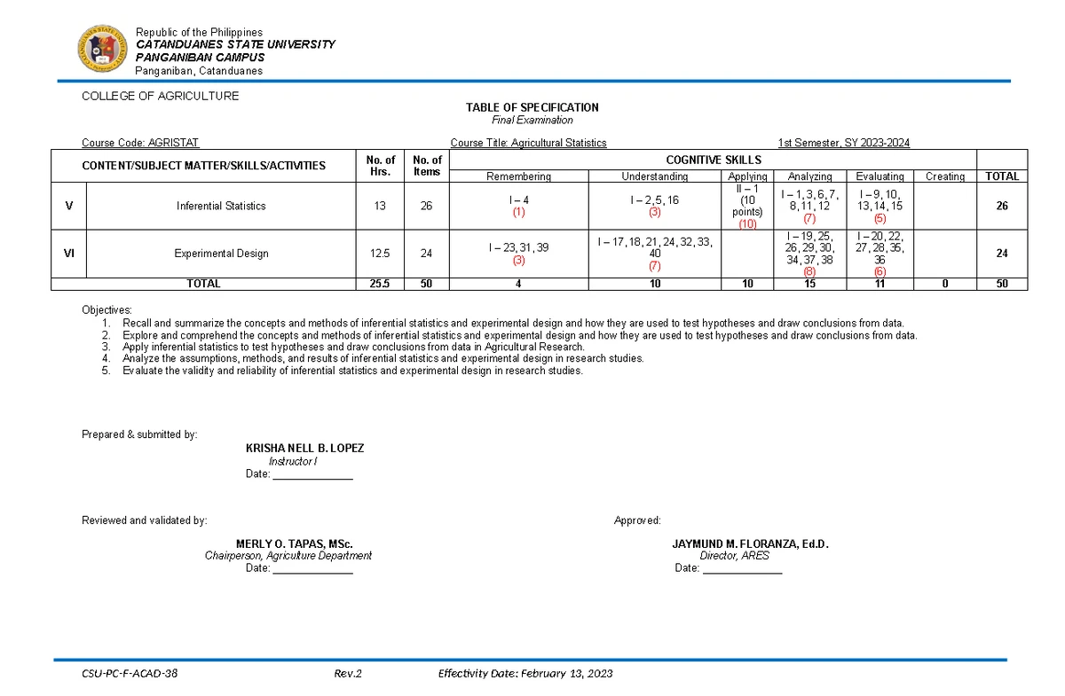 FINAL EXAM AGRISTAT - Agricultural Statistics (1st Sem SY 2023) - Studocu