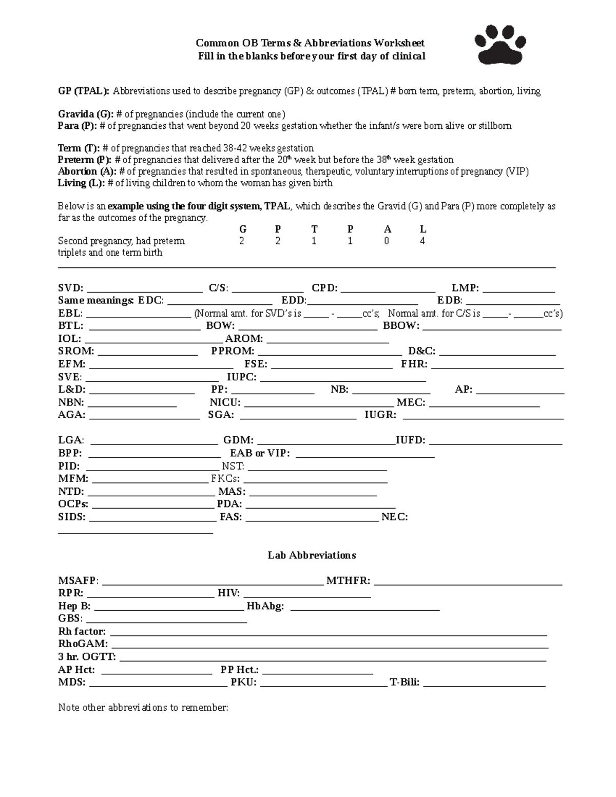 Common OB Terms & Abbreviations Worksheet S16 for Clinical Use - Studocu