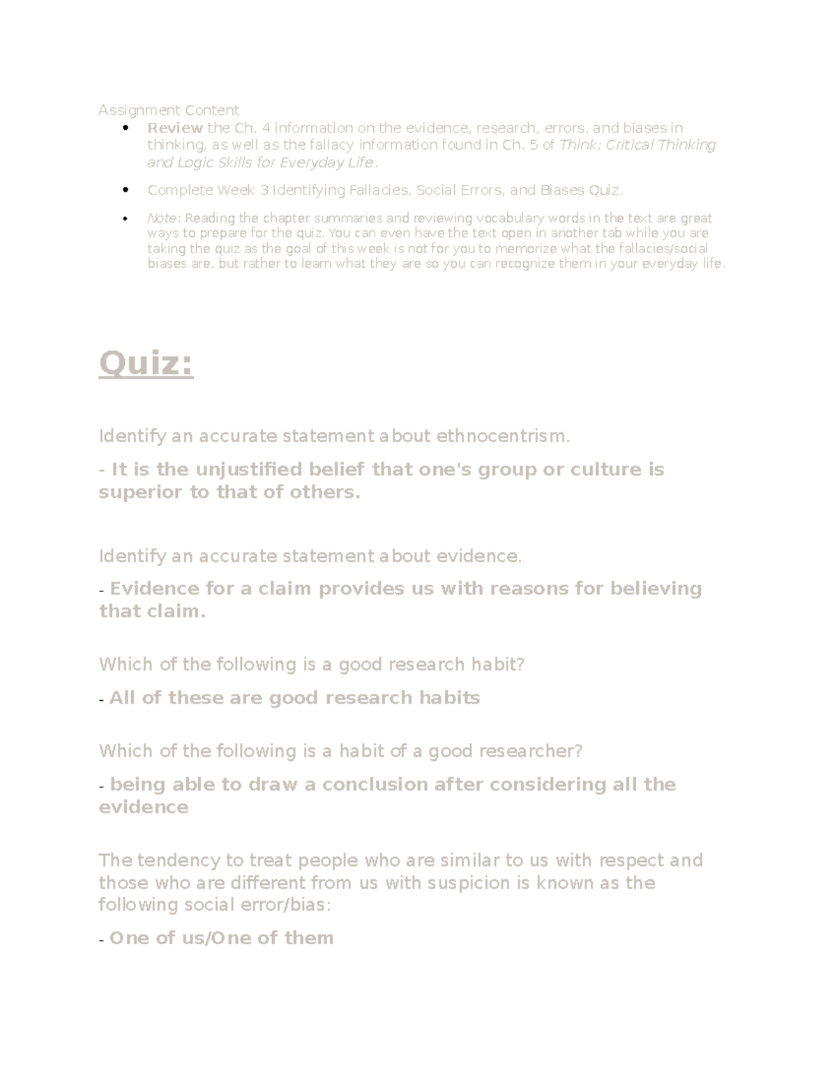Wk 3 - Quiz on Identifying Fallacies, Biases, and Social Errors - Studocu