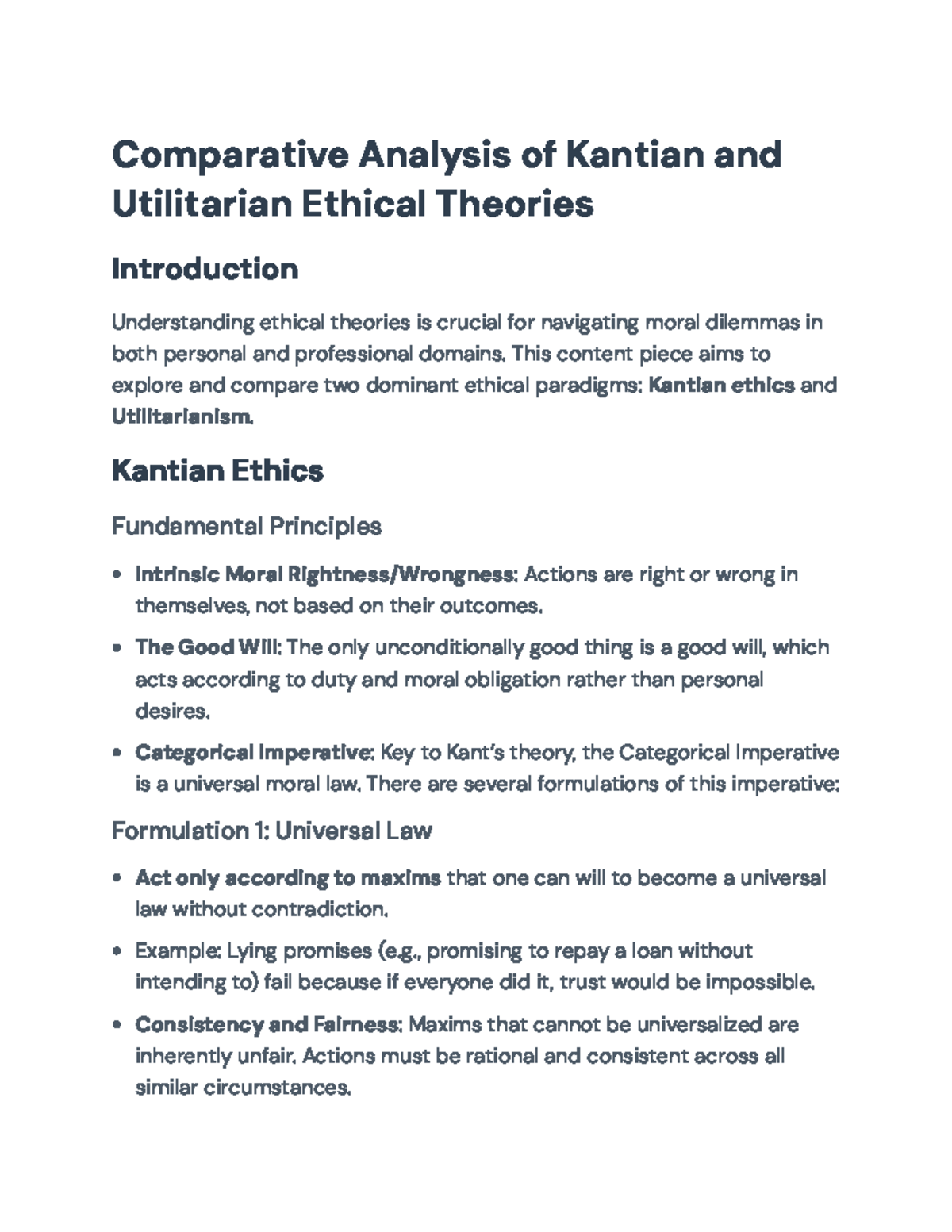 Comparative Analysis of Kantian and Utilitarian Ethics (PHIL 101 ...