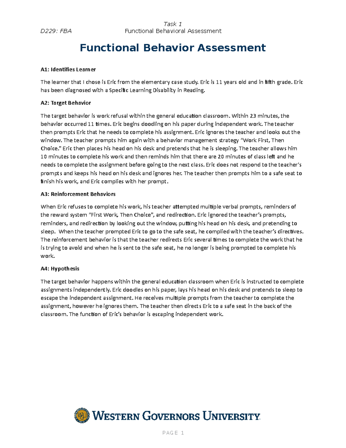 Functional Behavior Assessment - Task 1 D229: FBA Functional Behavioral ...