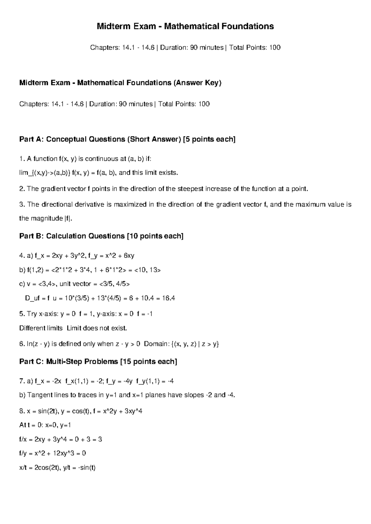 Midterm Exam Math Foundations (Ch. 14.1-14.6) Answer Key - Studocu