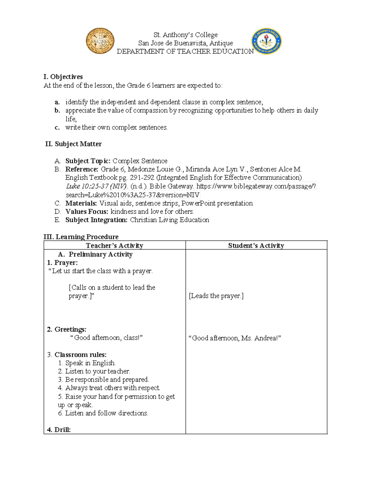 English 6 Complex Sentence Structure Lesson Plan (LP) - Studocu