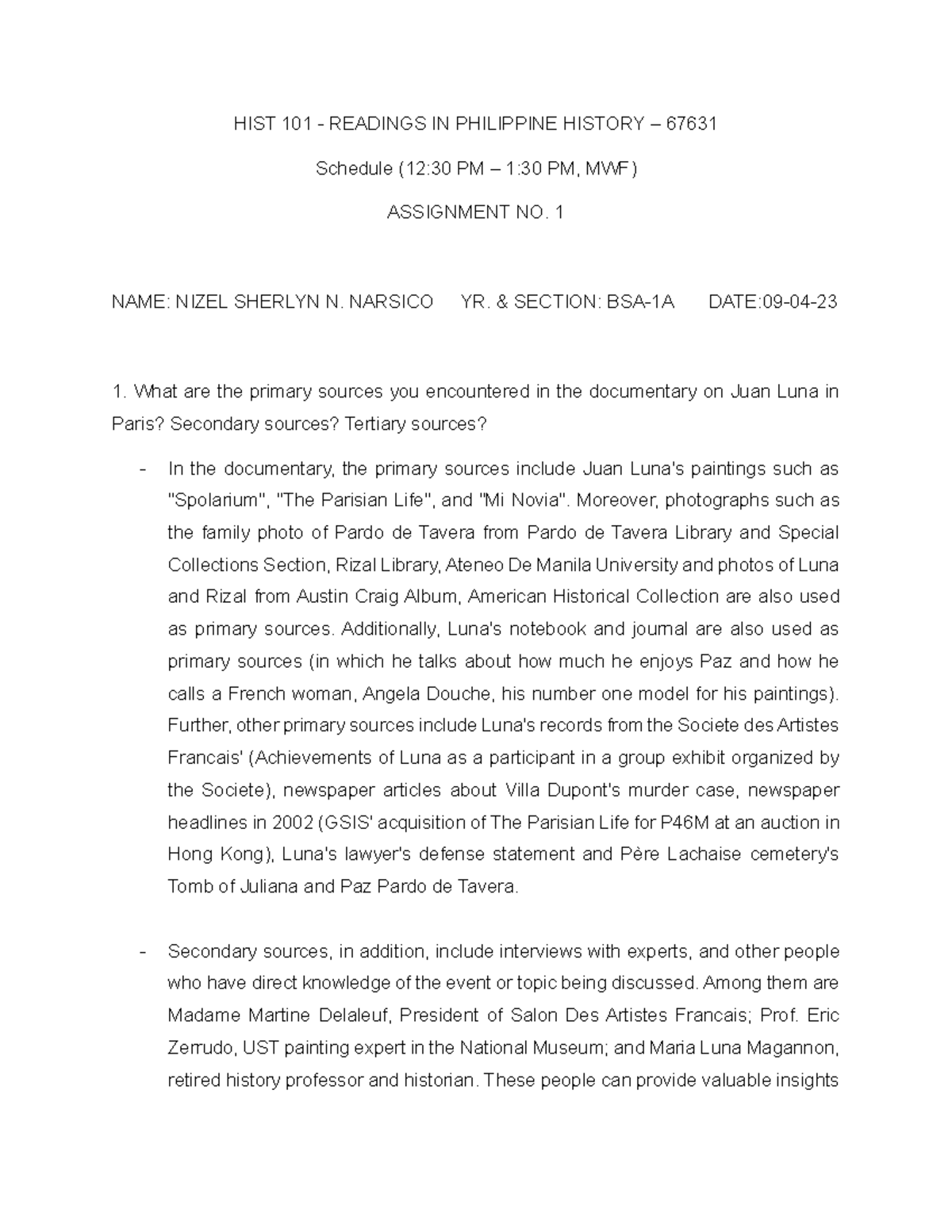 Assignment 1 - HIST 101 readings on primary and secondary sources in ...