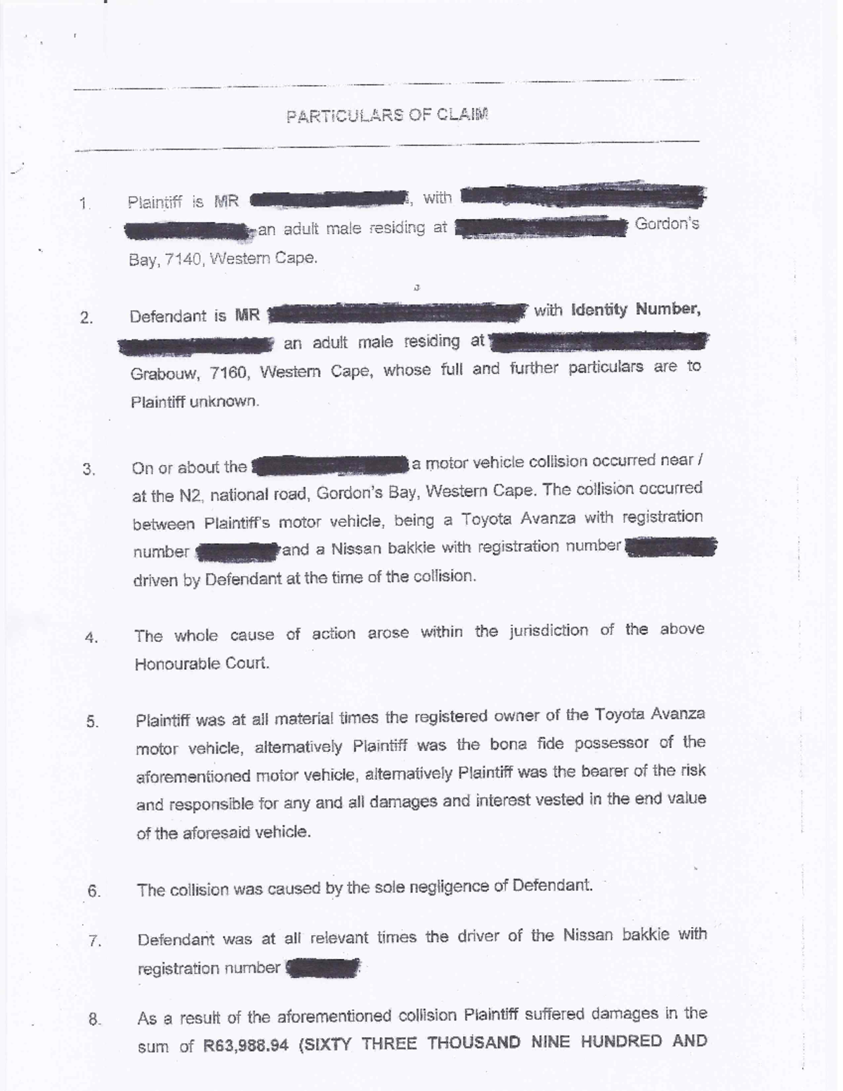 POC: Particulars of Claim - Vehicle Collision Incident Details - Studocu