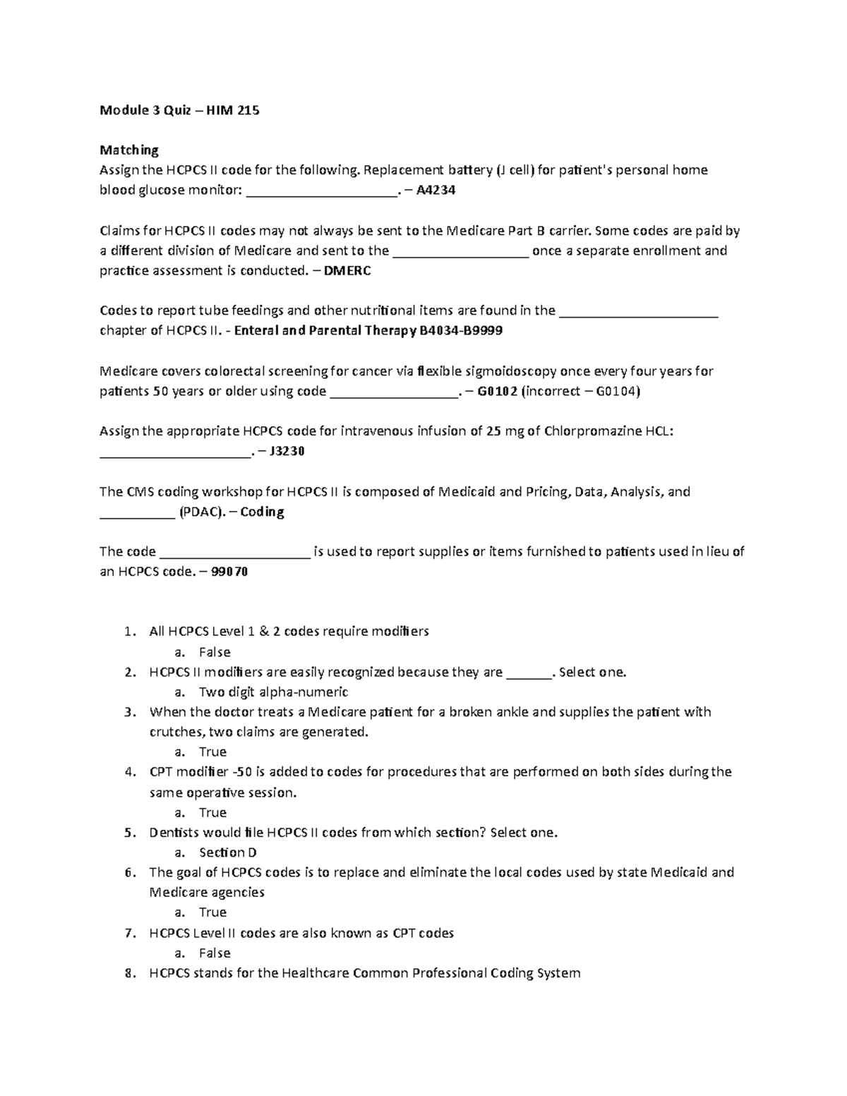 HIM 215 Module 3 Quiz: HCPCS II Codes and Medicare Insights - Studocu