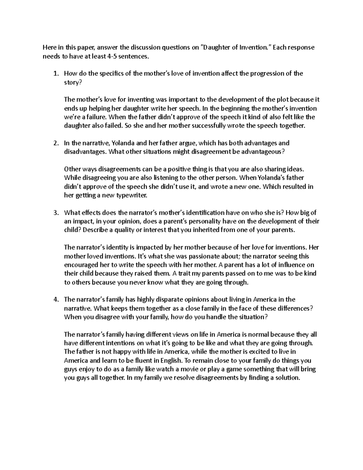 Discussion Questions on "Daughter of Invention" Analysis - Studocu