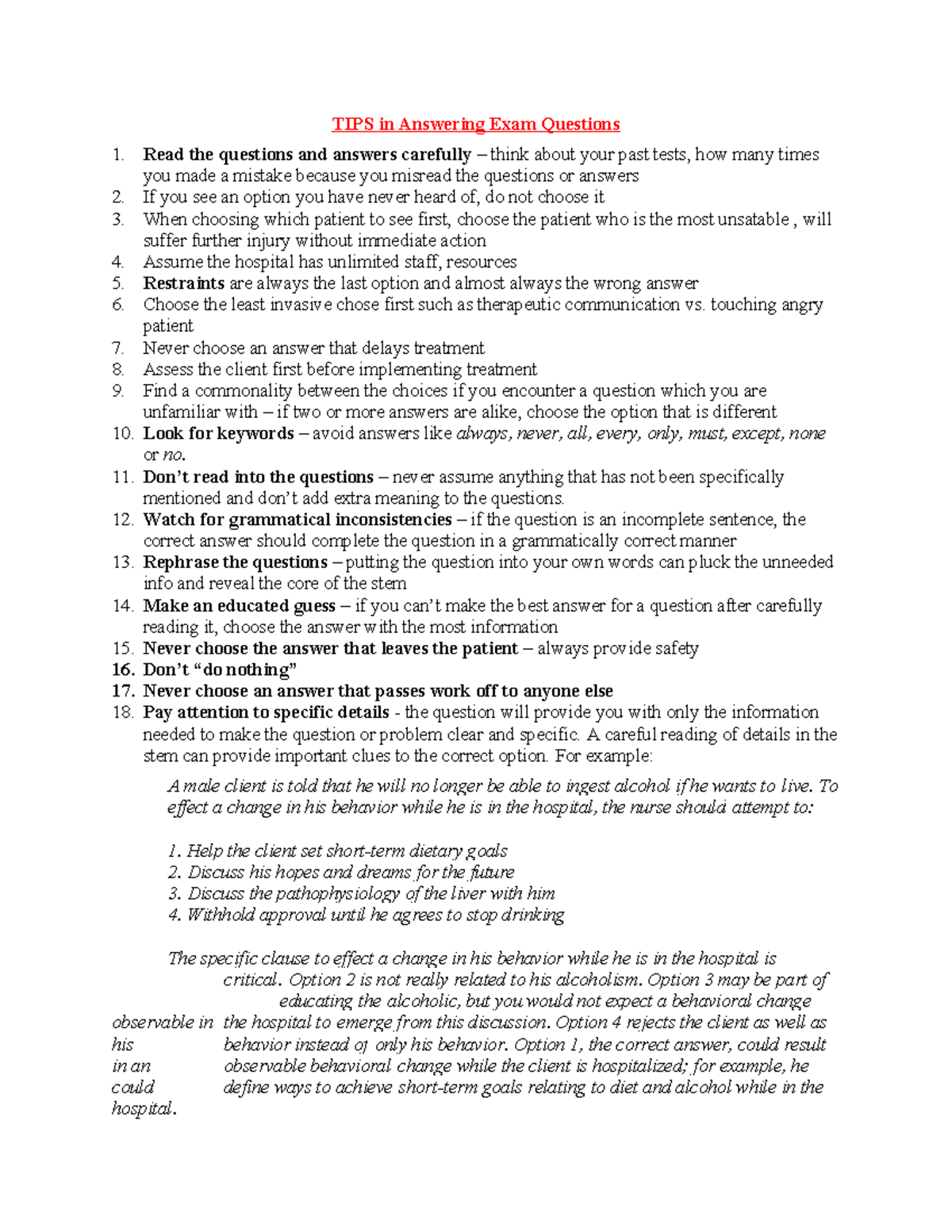 Exam Strategies: Tips for Answering Questions (NUR 101) - Studocu