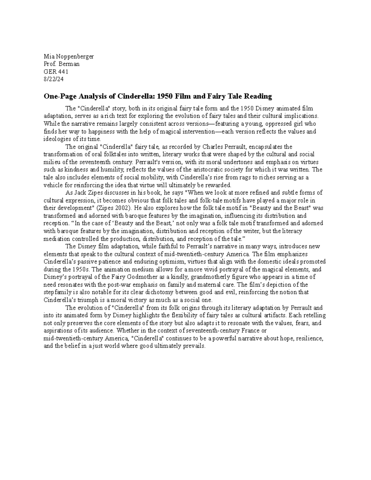 GER 441: Cinderella Analysis - Evolution of a Timeless Fairy Tale - Studocu