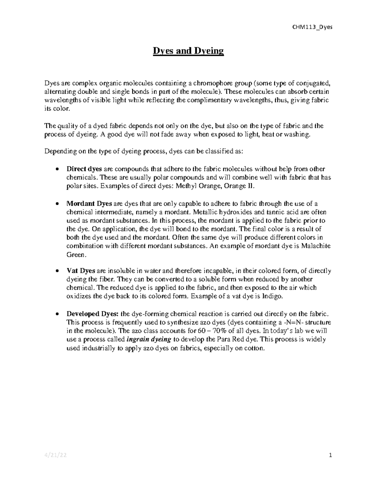 CHM113 Final Exam Notes on Dyes and Dyeing Techniques - Studocu