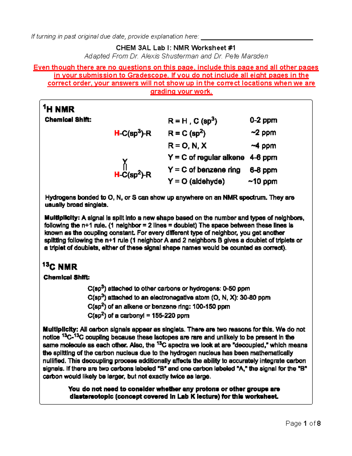 CHEM 3AL Lab I: NMR Worksheet 1 - Detailed Study Guide - Studocu