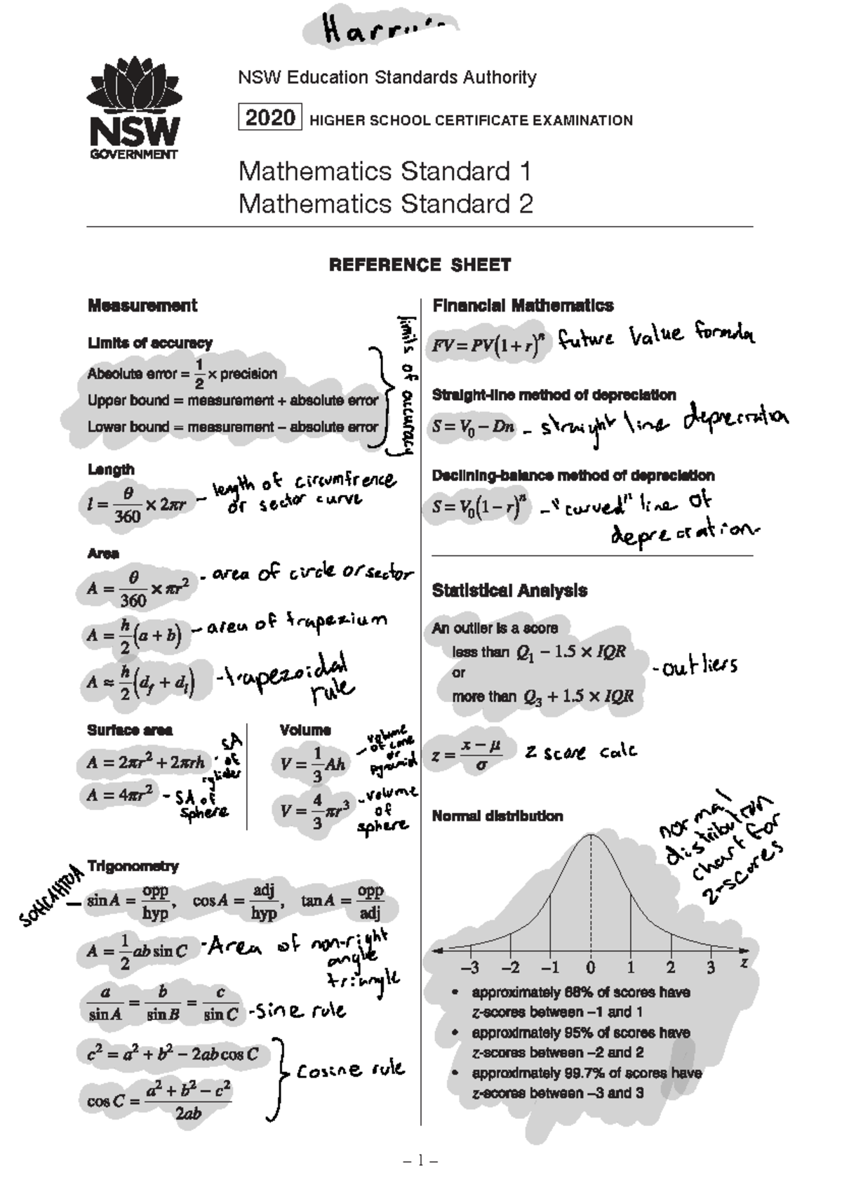 Mathematics standard 1 and 2 reference sheet nov 2019 - – 1 – NSW ...