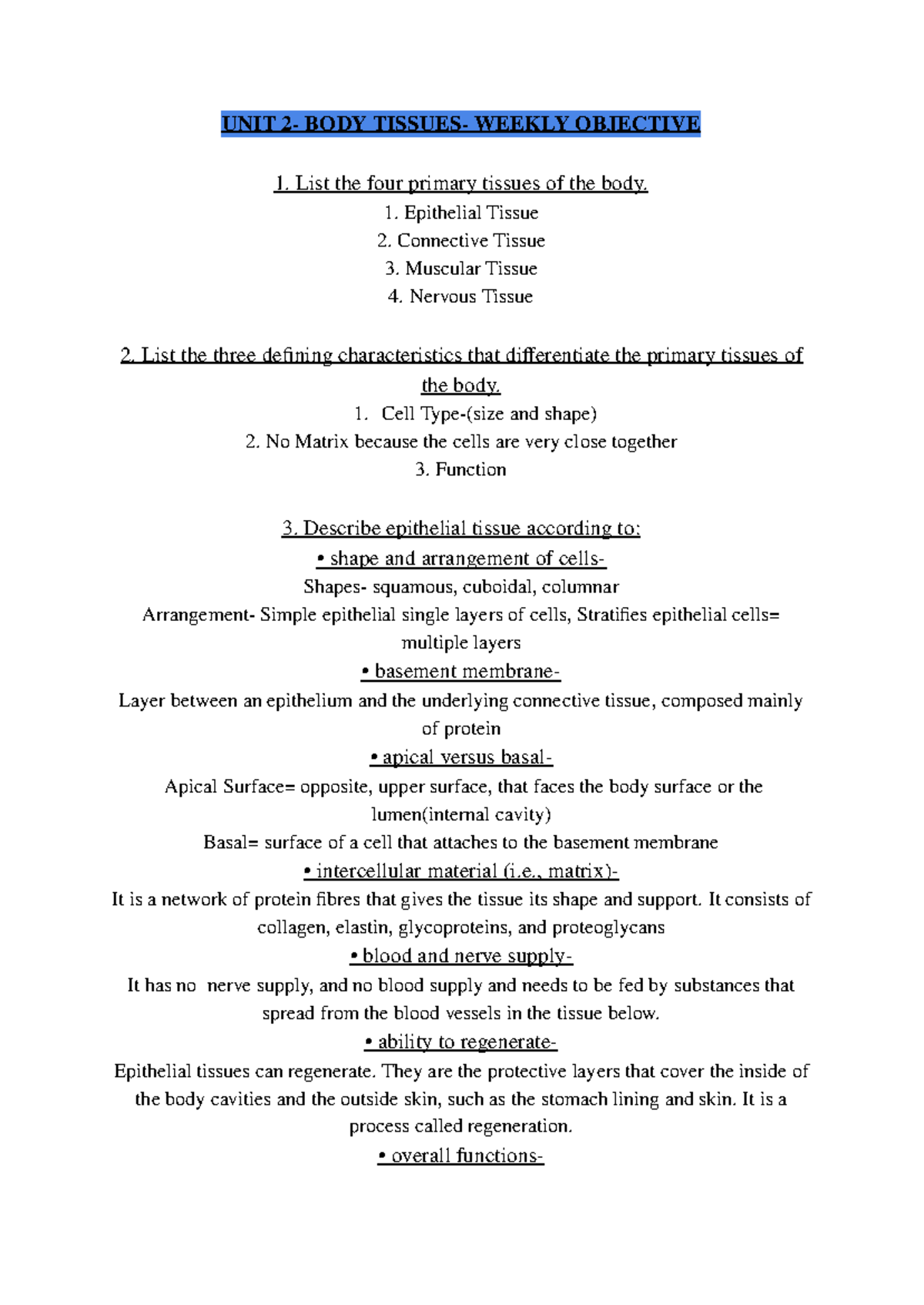 UNIT 2: BODY TISSUES - WEEKLY OBJECTIVES AND DESCRIPTIONS - UNIT 2 ...