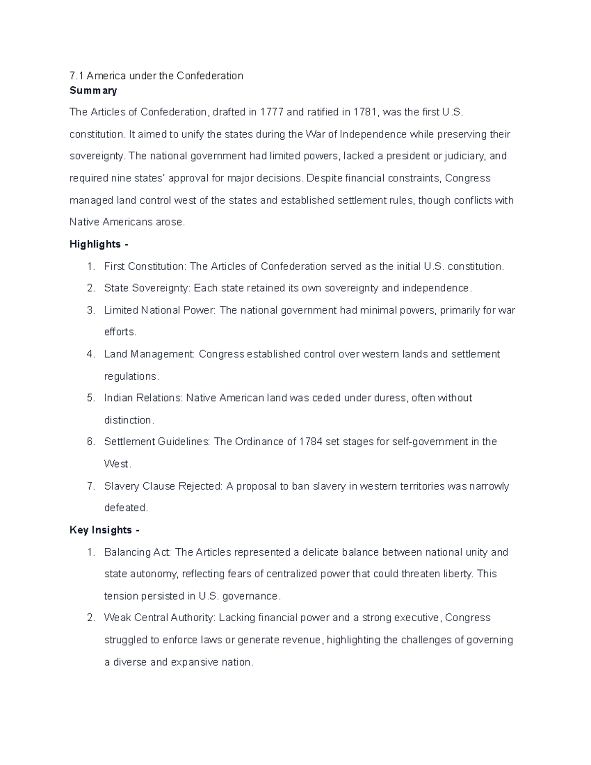 APUSH Chapter 7: Give Me Liberty Notes on the Confederation Era - Studocu