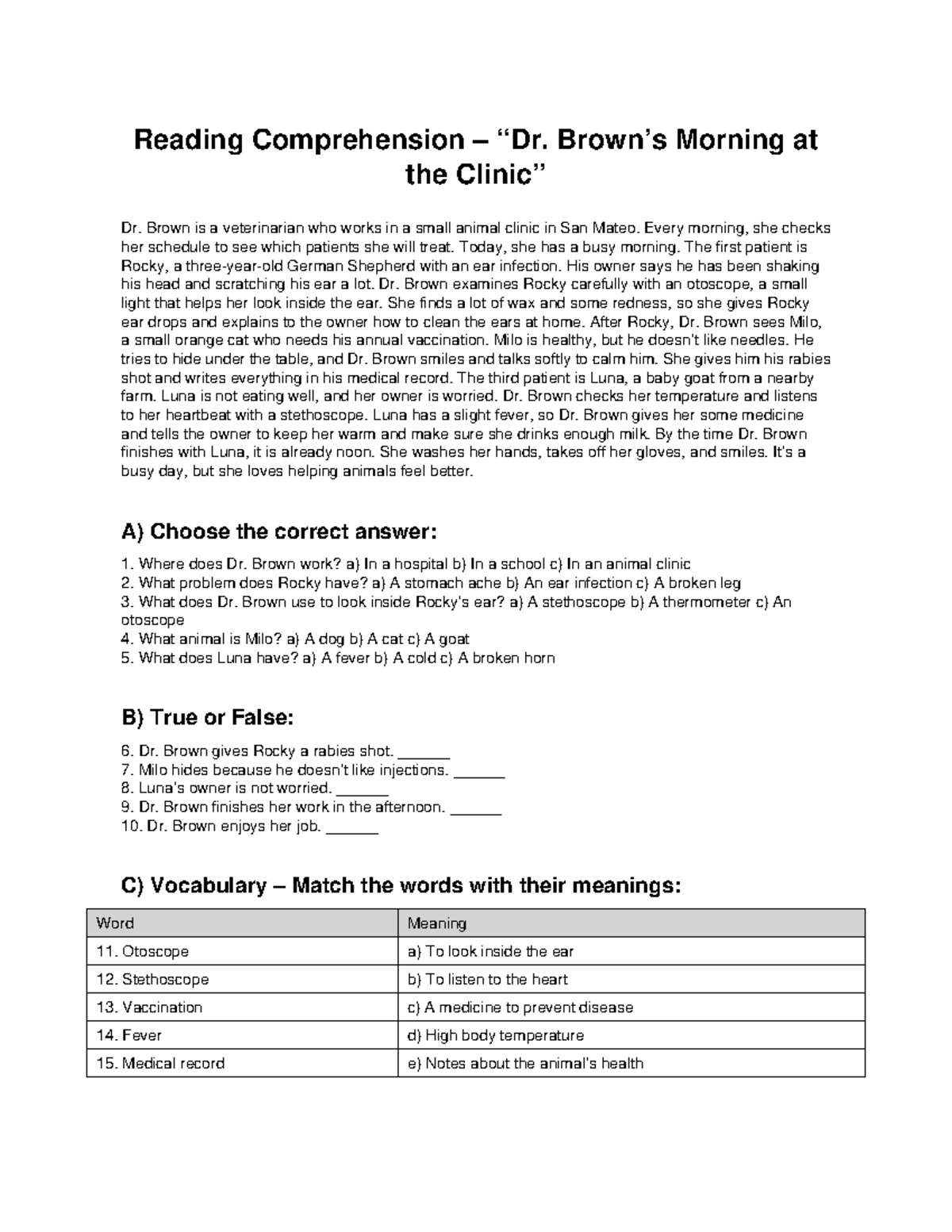 Reading Comprehension: Vet Level 2 - Dr. Brown's Busy Morning - Studocu