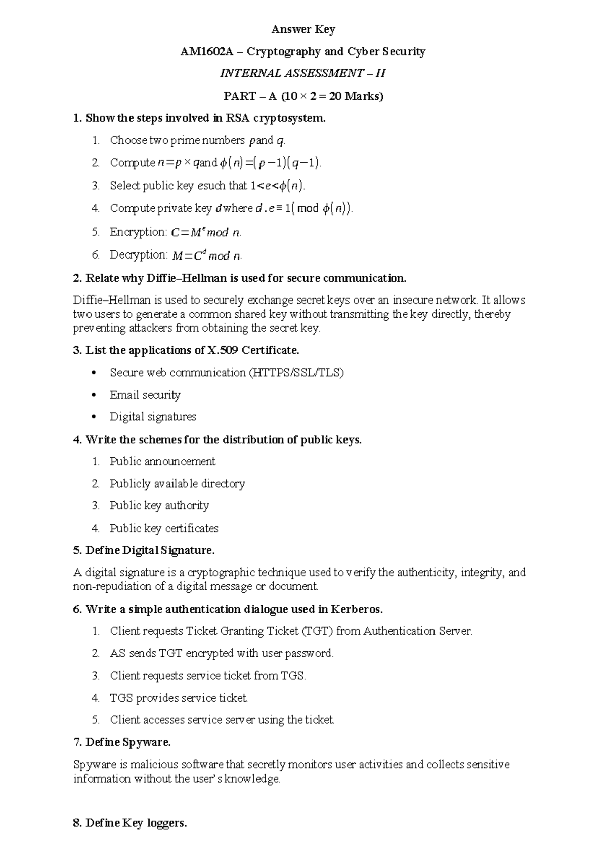 Answer Key AM1602A Cryptography & Cyber Security IA II Notes - Studocu