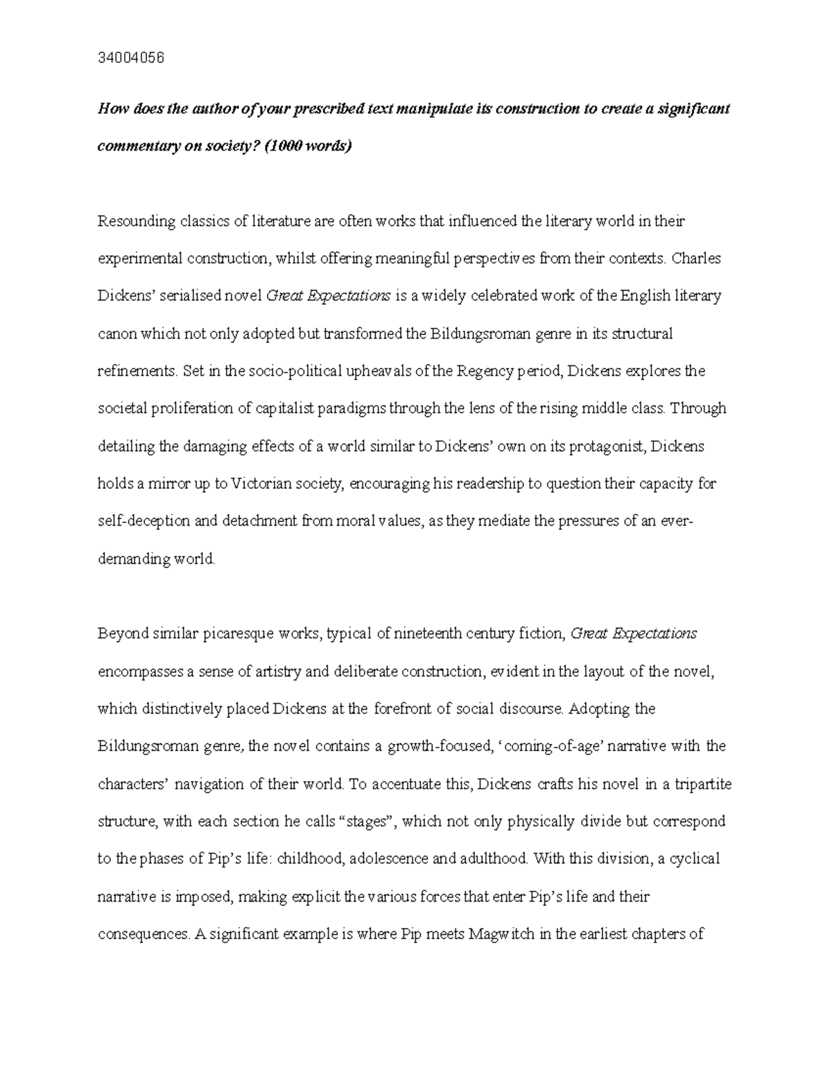 HSC Module B - Great Expectations Essay Analysis and Social Commentary - Studocu