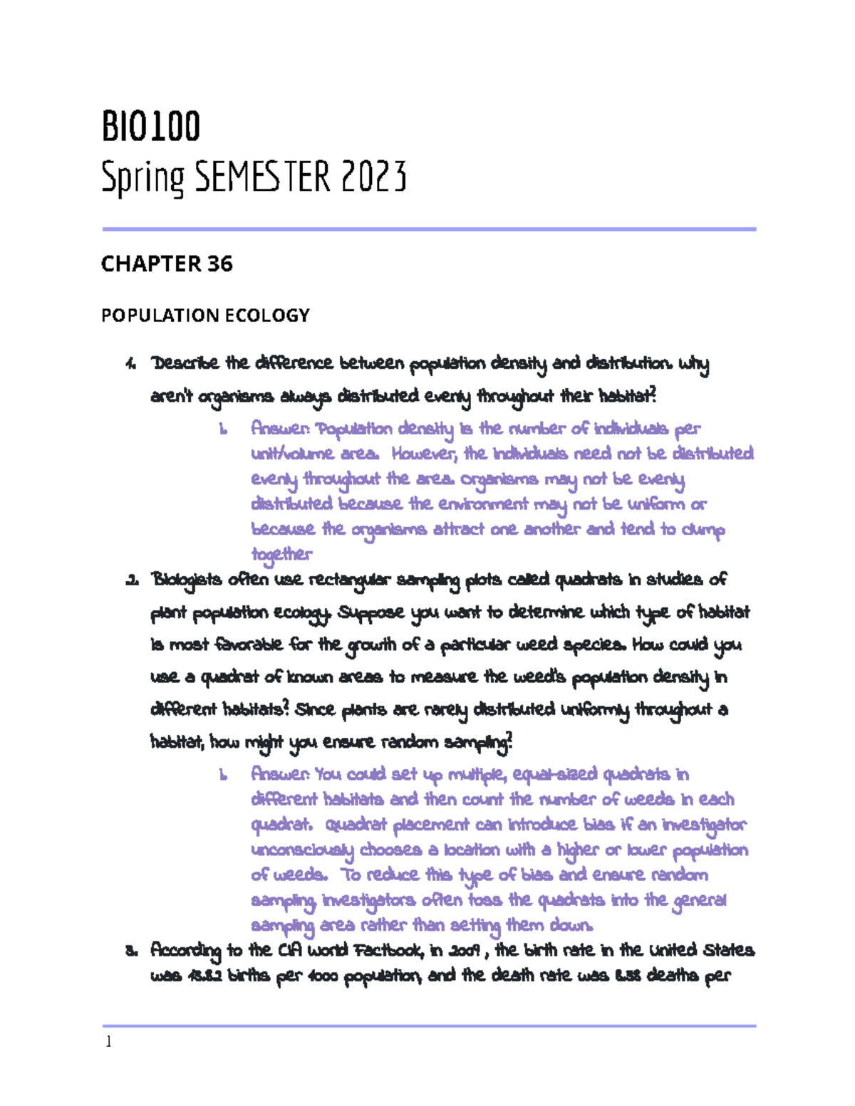 CH. 36 Population Ecology - BIO Spring SEM TER 2023 CHAPTER 36 ...