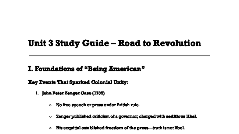 Unit 3 Study Guide: Key Events in the Road to Revolution - Studocu