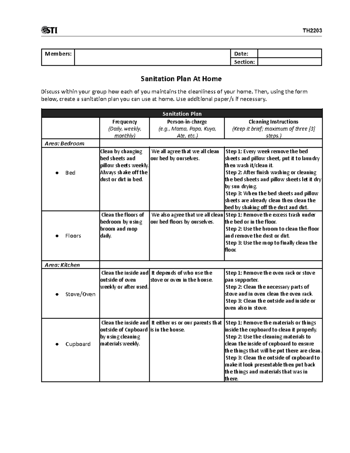 Sanitation Plan for Home – Group Activity Document (GA101) - Studocu