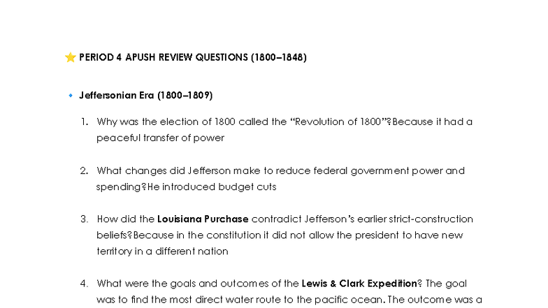 APUSH Period 4 Review Questions (1800–1848) on Jeffersonian Era - Studocu